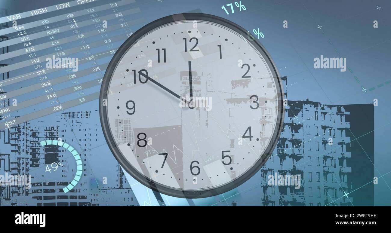 Image of diagrams and data processing with clock over cityscape. Global ...