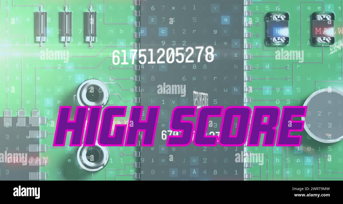 Image of high score text over data processing and computer circuit ...