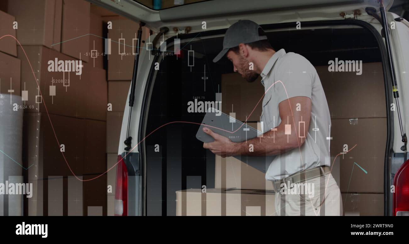 Image of financial data over happy caucasian male courier counting ...