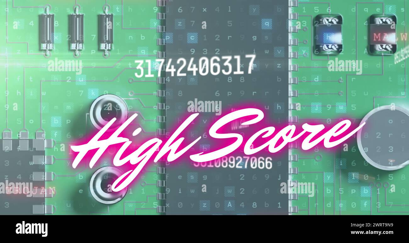 Image of high score text over data processing and computer circuit ...