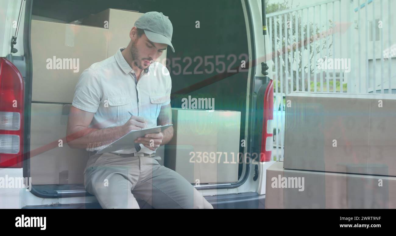 Image of financial data over happy caucasian male courier counting ...