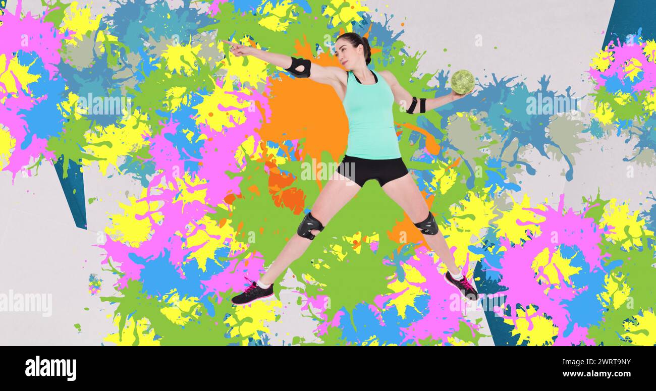 Image of caucasian female handball player holding ball over colorful ...