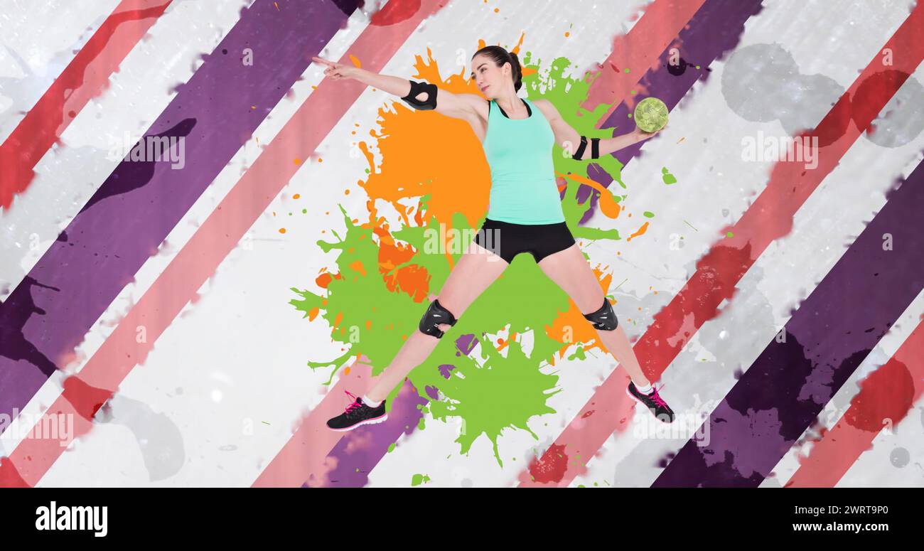 Image of caucasian female handball player holding ball over colorful ...