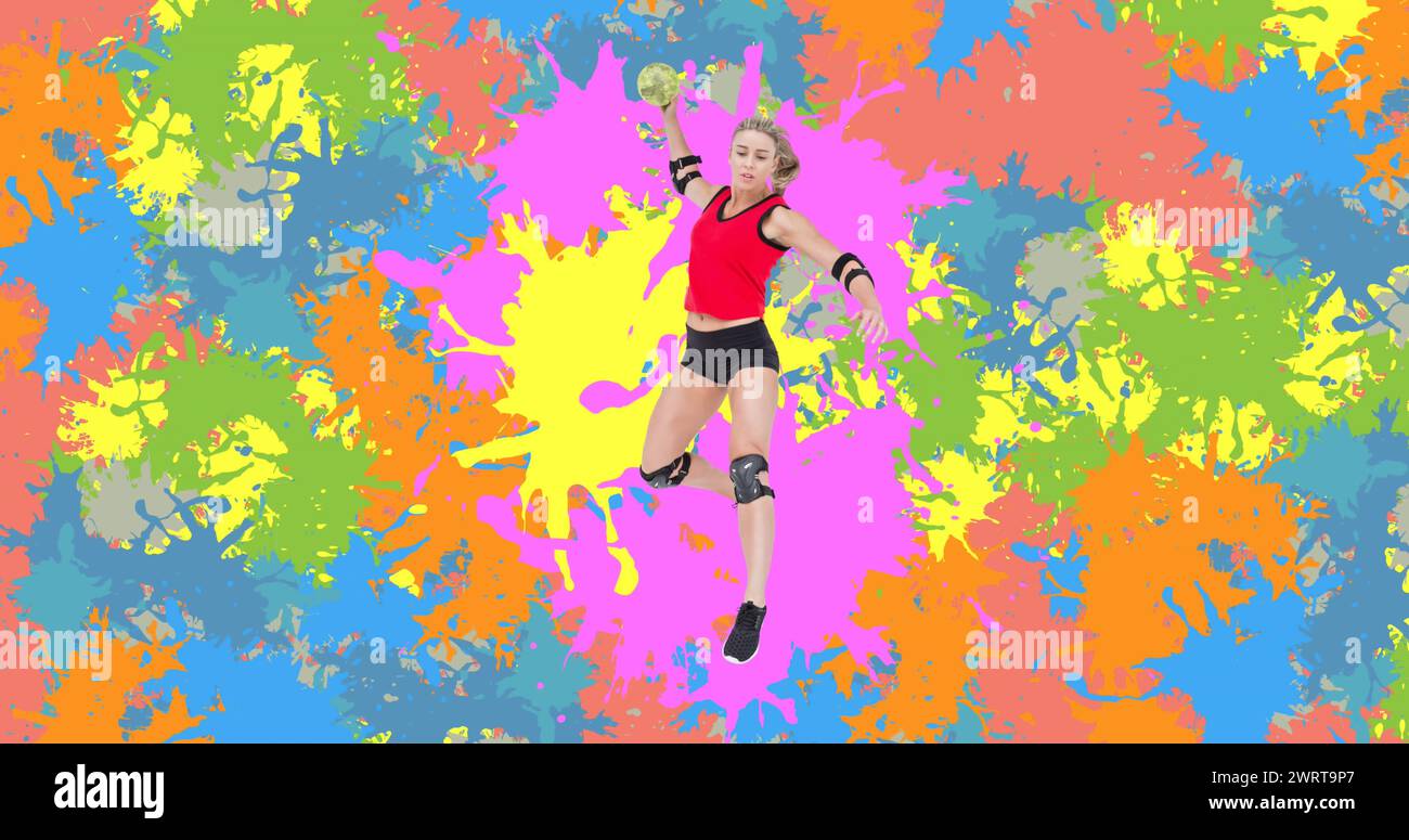 Image of caucasian female handball player holding ball over colorful ...