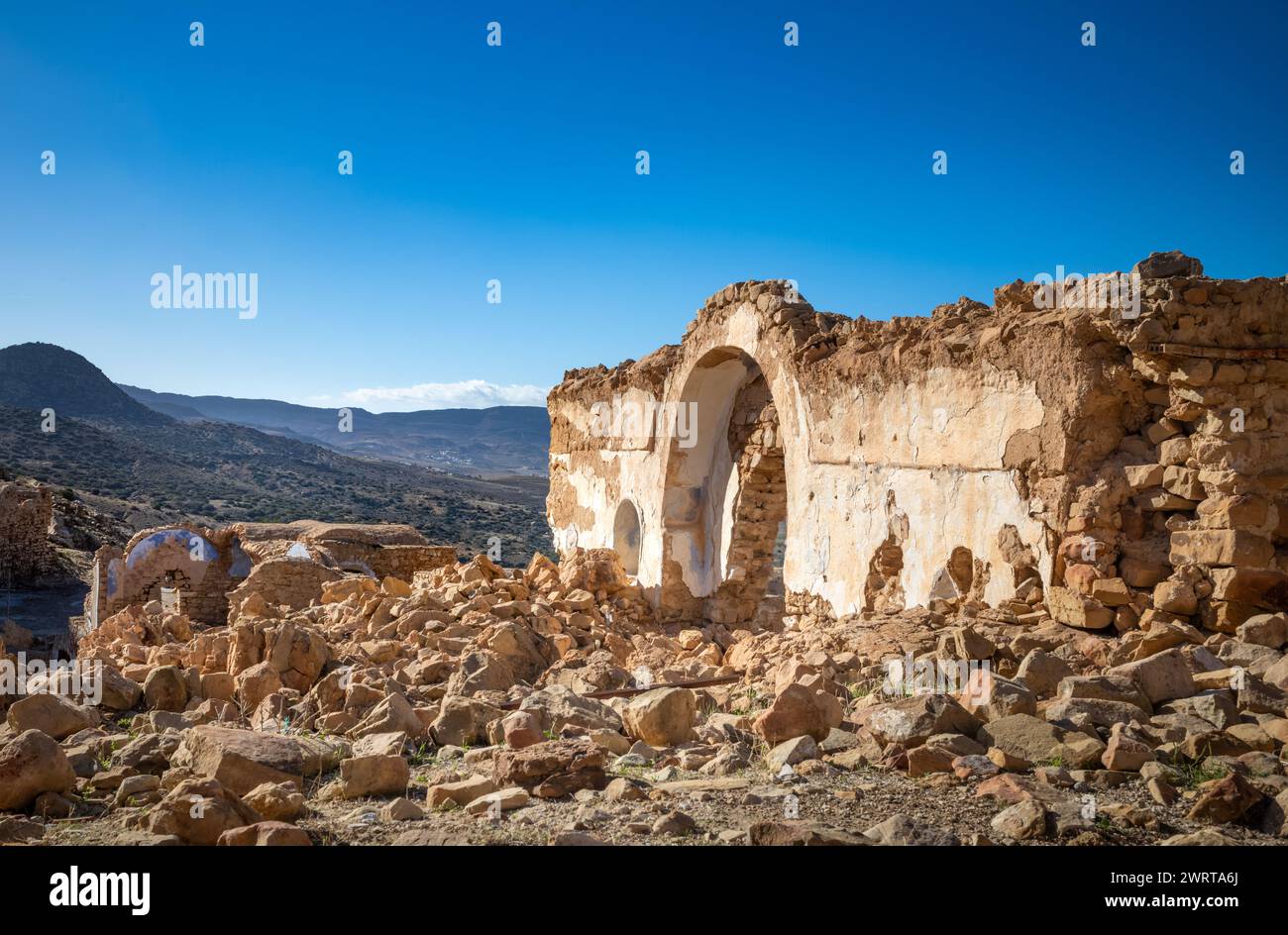 Ruined buildings in the abandoned hilltop Berber village called Zriba ...