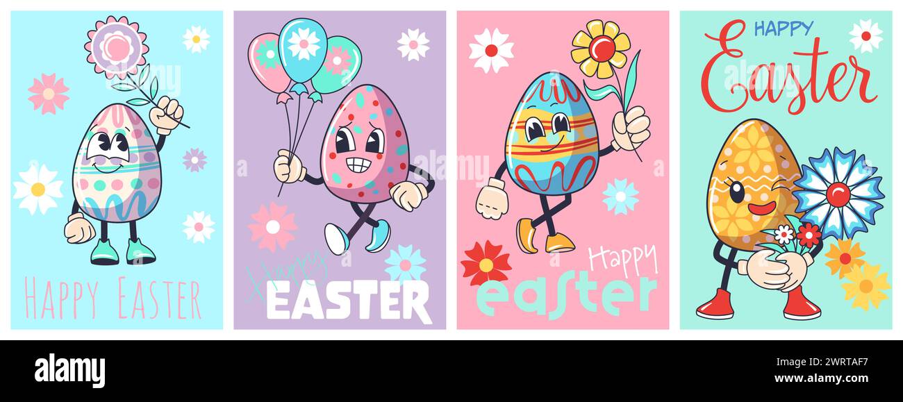 Cartoon happy Easter Groovy egg poster set. Holiday personage isolated ...