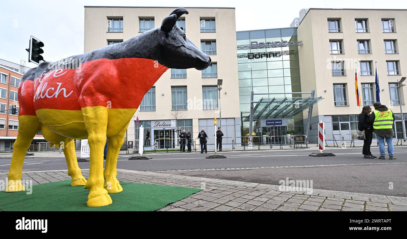 Erfurt, Germany. 14th Mar, 2024. A dummy dairy cow in German colors ...