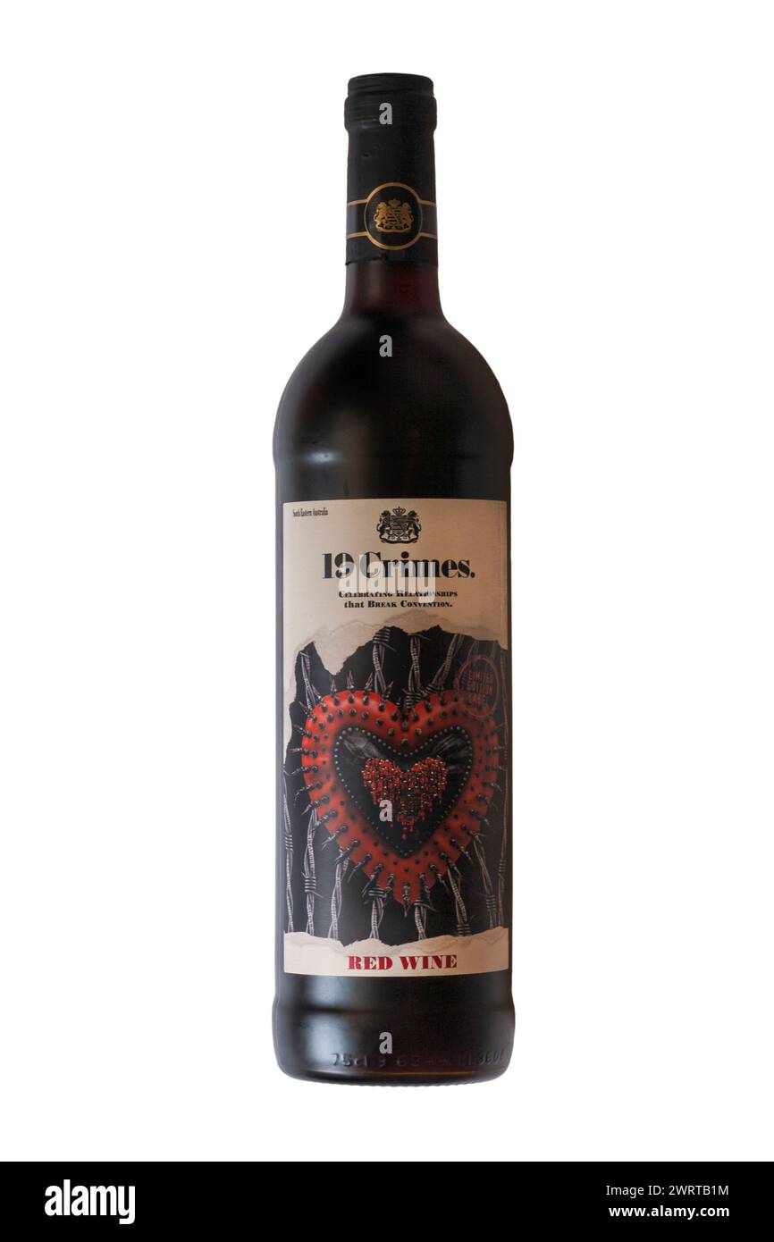 bottle of 19 Crimes red wine isolated on white background product of ...