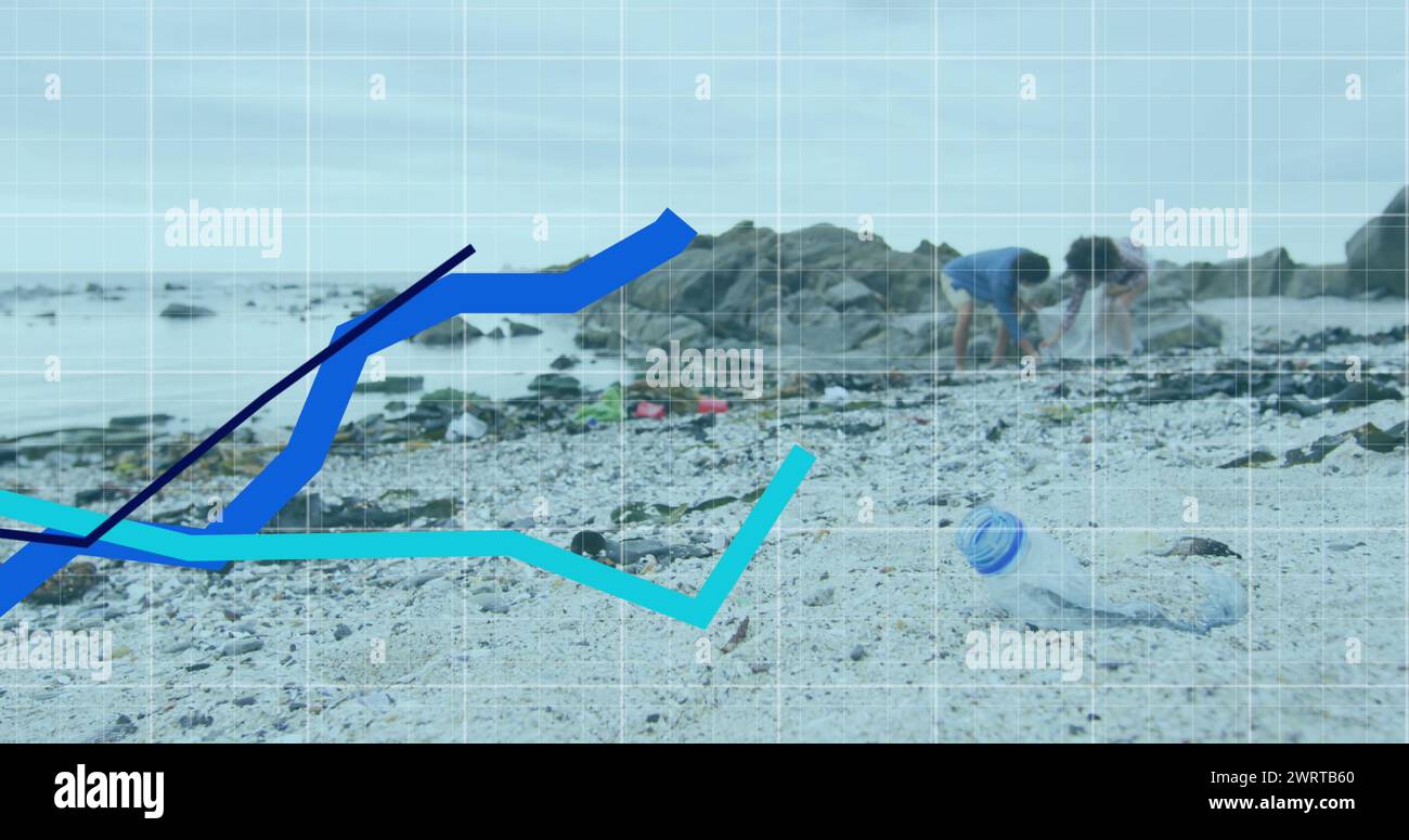 Image of multiple graphs over african american couple cleaning beach ...
