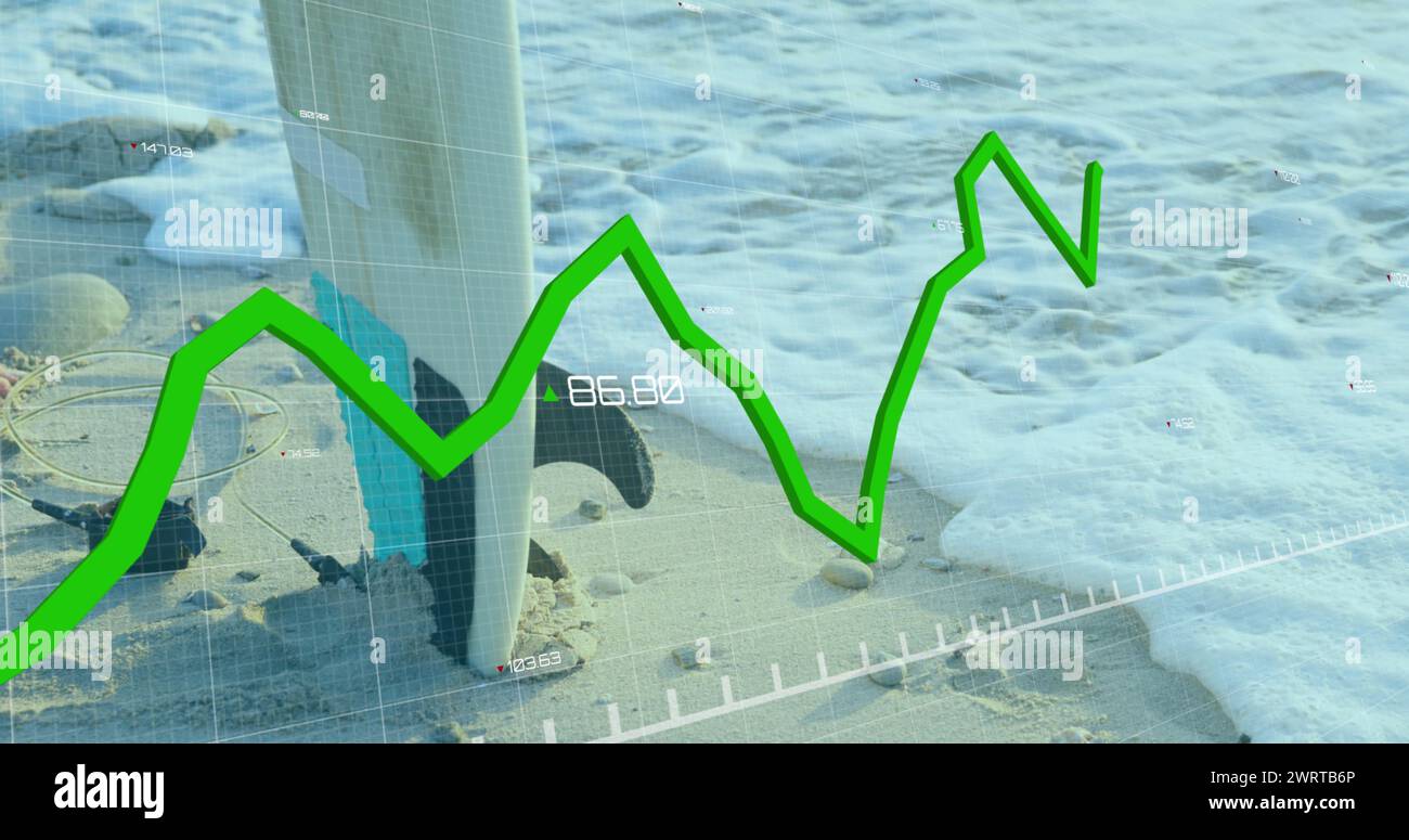 Image of graph with numbers over surfboard and waves in ocean Stock ...