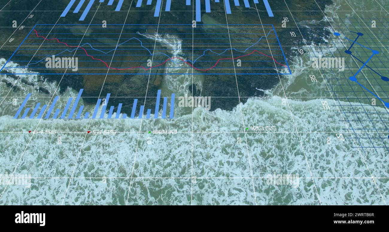 Image of infographic interface over aerial view of waves splashing in ...