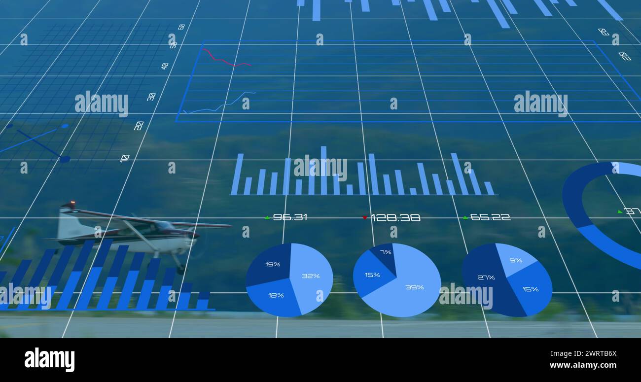 Image of infographic interface over airplane landing on runway Stock ...