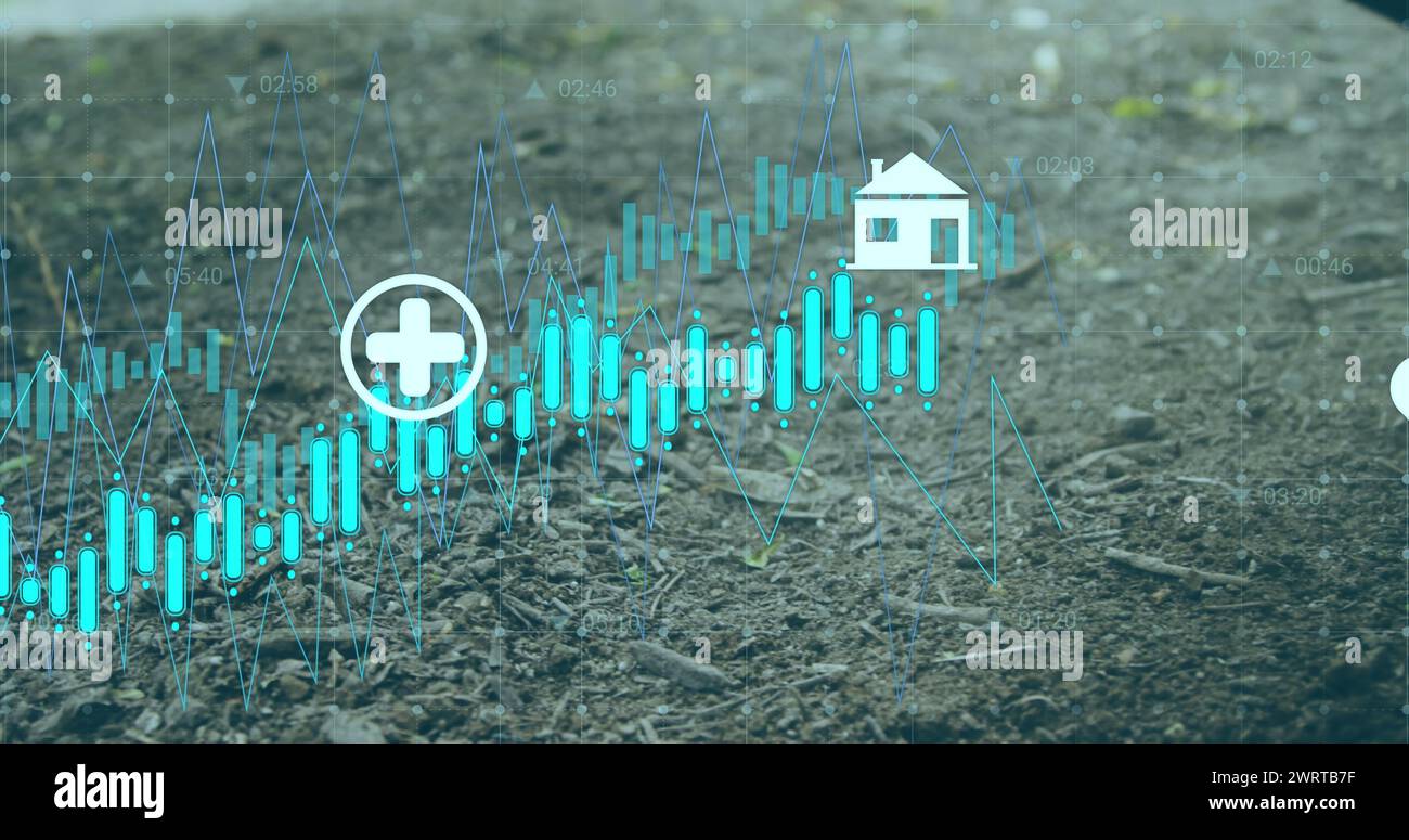 Image of multiple graphs with icons over close-up of rakes grading soil ...