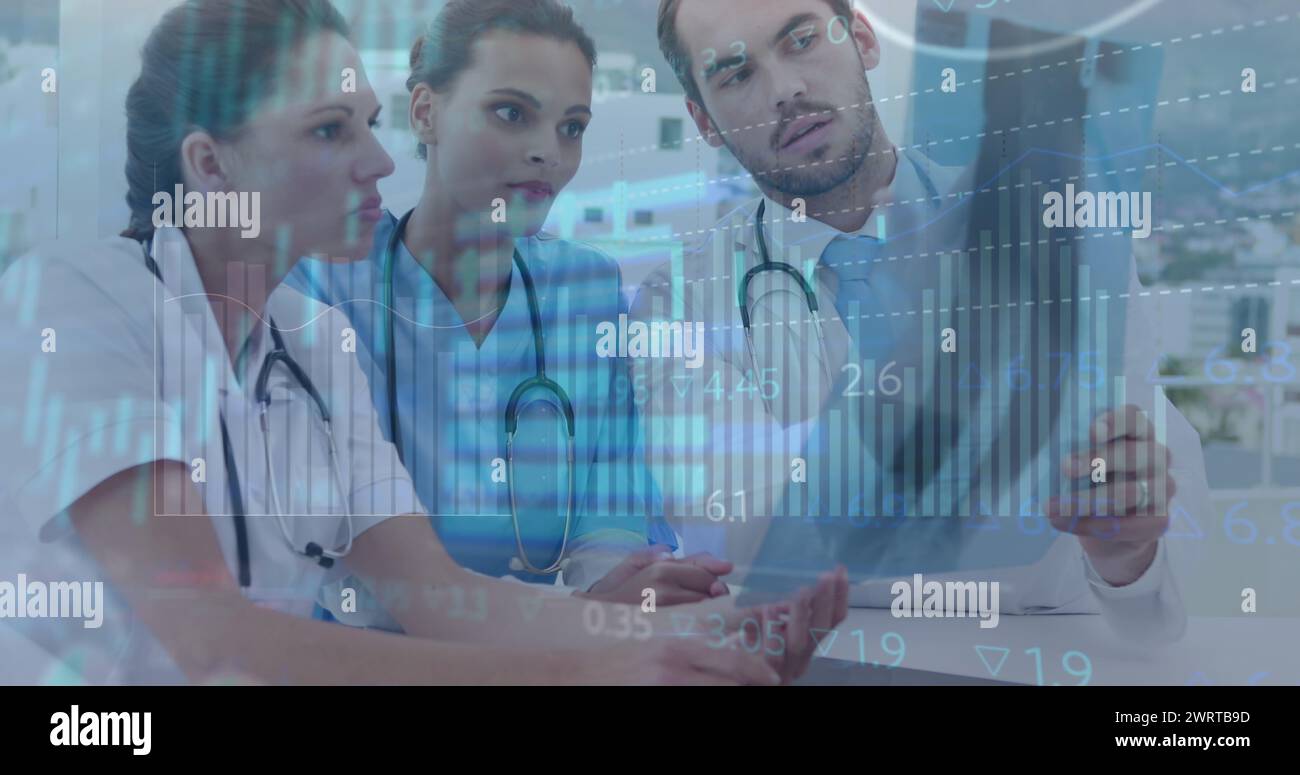 Image of multiple graphs with numbers over diverse doctors examining ...