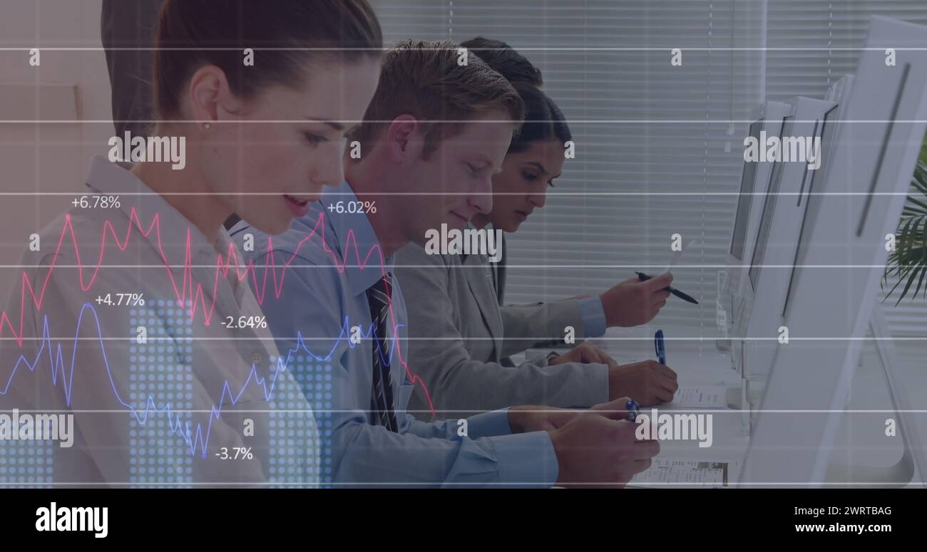 Image of graphs with numbers over diverse female manager looking at ...