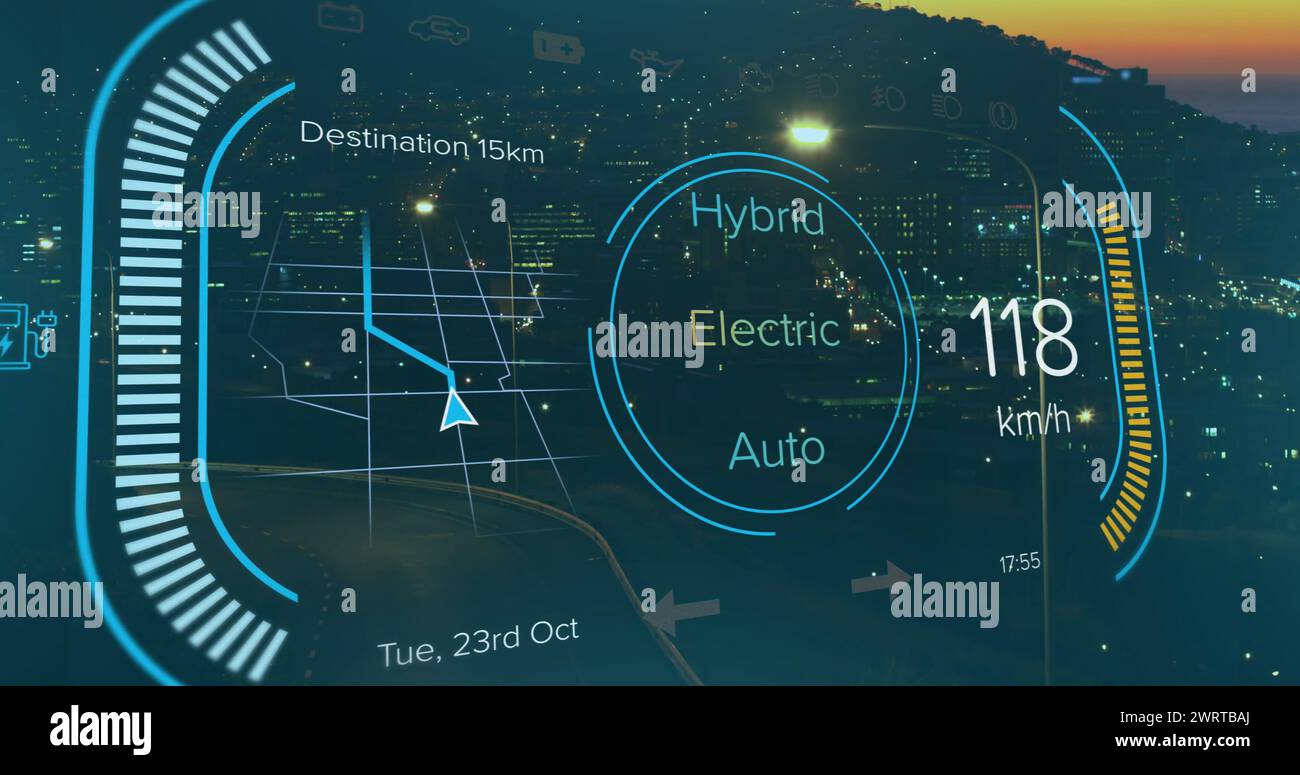Image of changing numbers, multiple texts in speedometer, time-lapse of moving vehicles in city ...