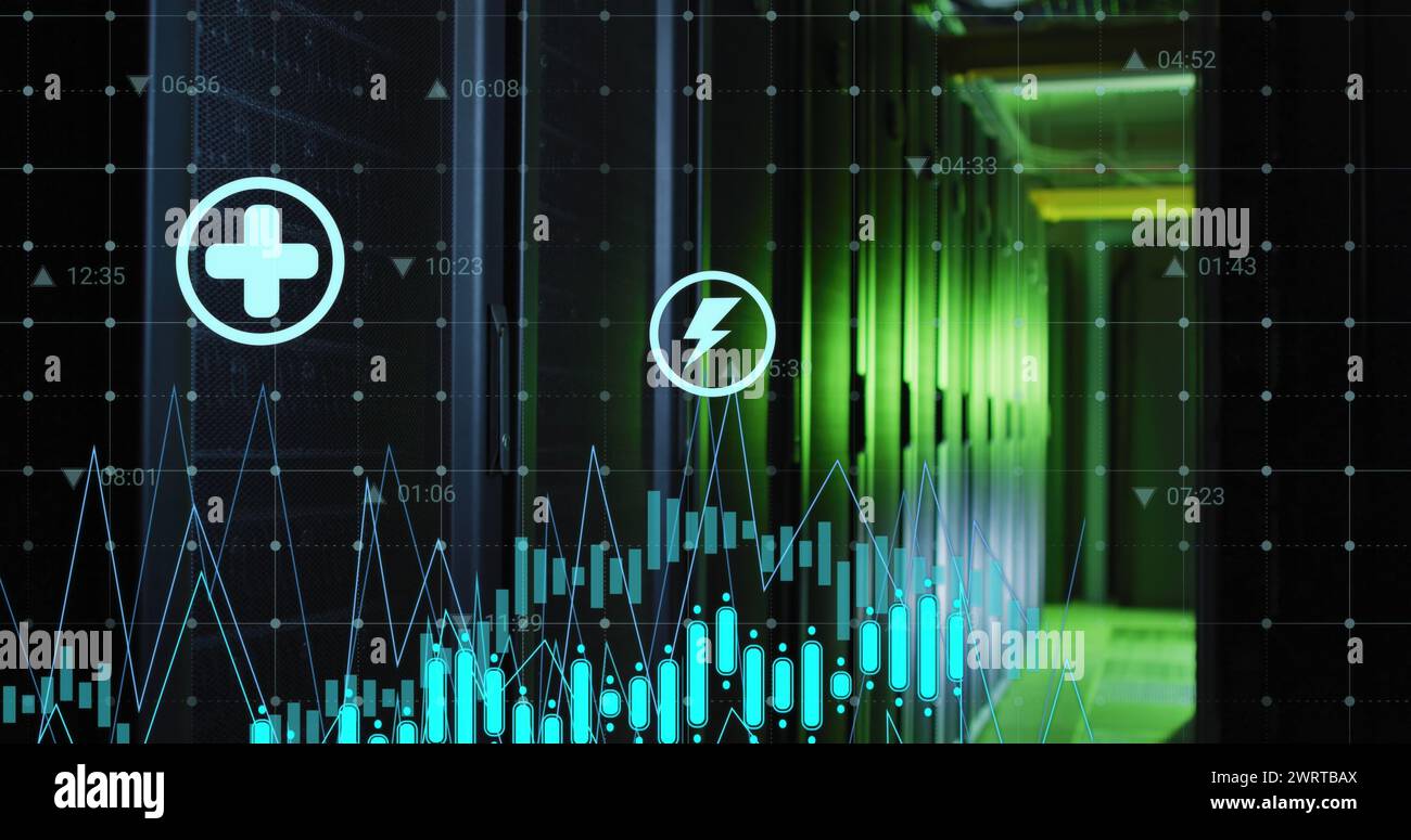 Image of graph with changing numbers and icons over server room in ...