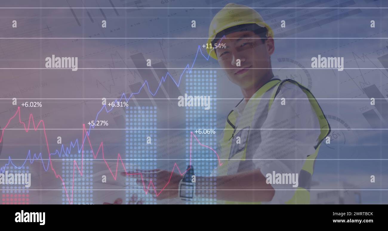 Image of infographic interface over asian male engineer with blueprint ...