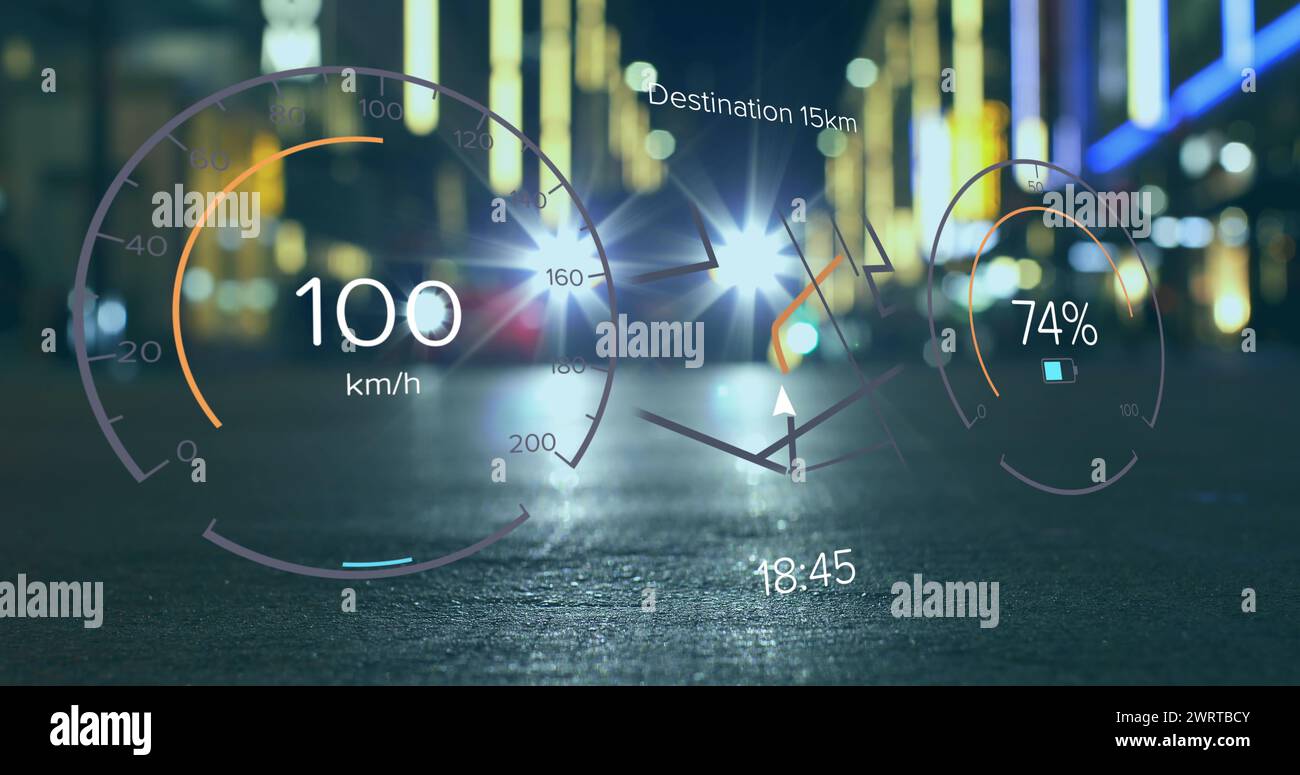 Image of speedometers, changing numbers and navigation pattern over ...