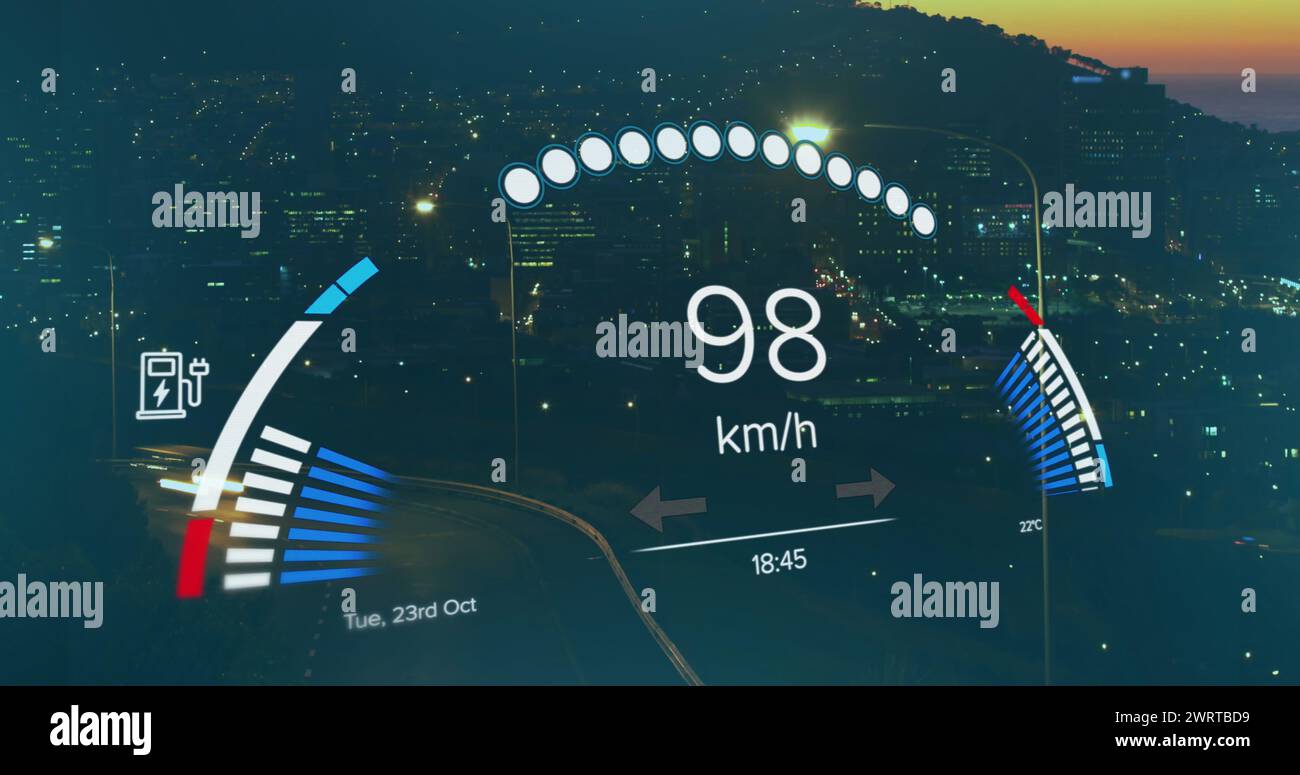 Image of changing numbers in speedometer time-lapse of moving vehicles and silhouette of city ...