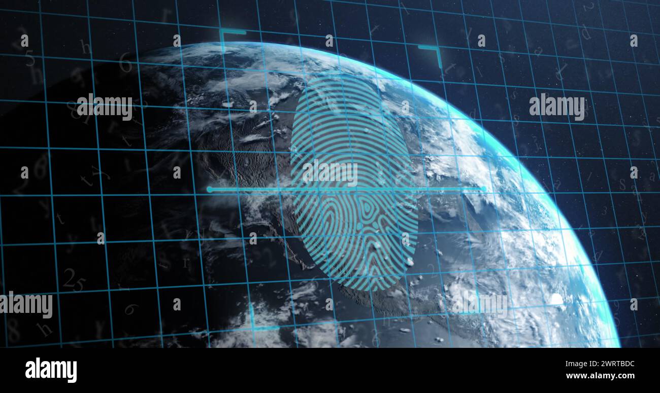 Image of biometric fingerprint and scope scanning over globe Stock ...