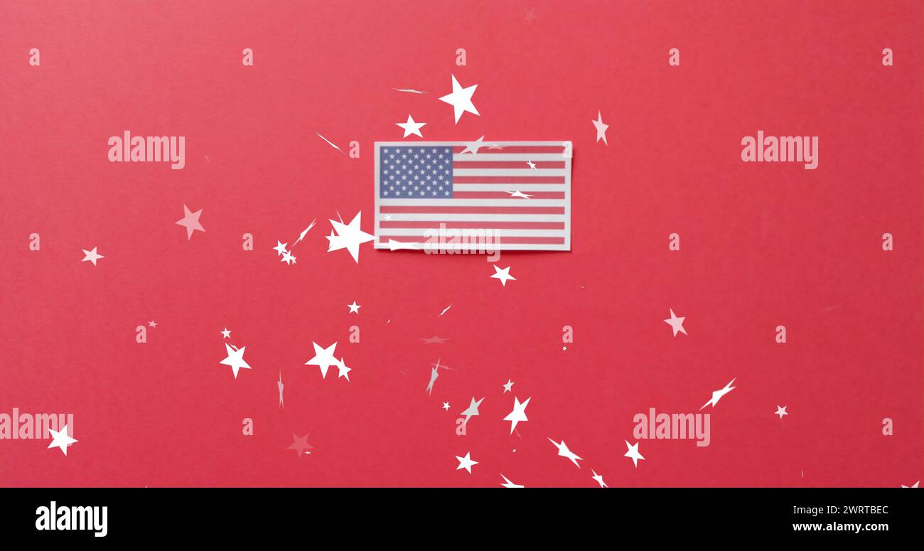Image of stars falling over flag of united states of america on red ...