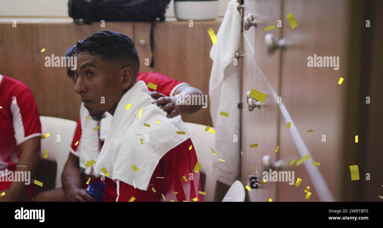 Image of confetti falling over football players in changing rooms Stock ...