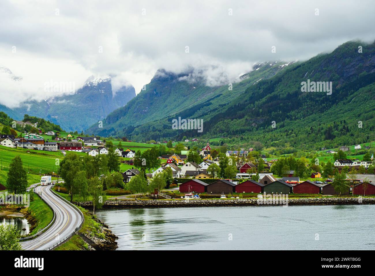 Mountains and Fiord over Norwegian Village, Olden, Innvikfjorden ...