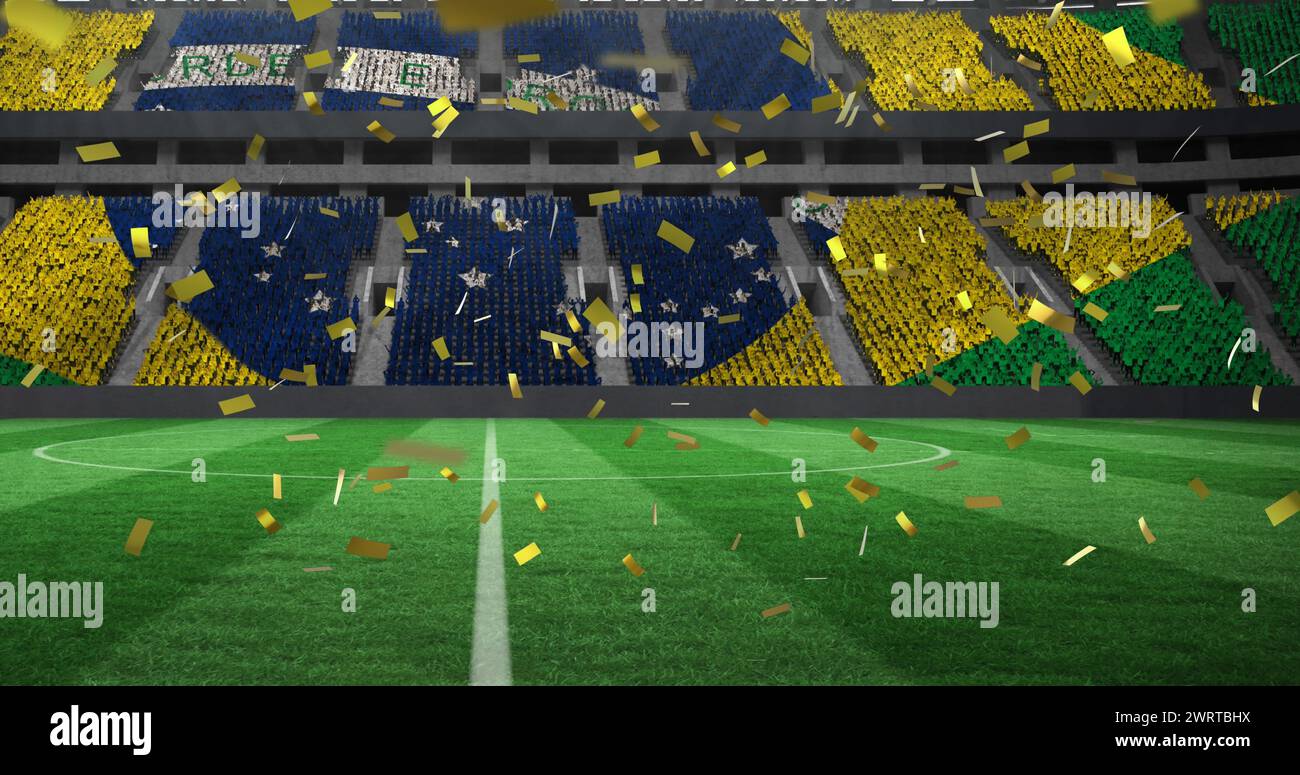 Image of confetti falling over brazilian flag in empty sports stadium ...