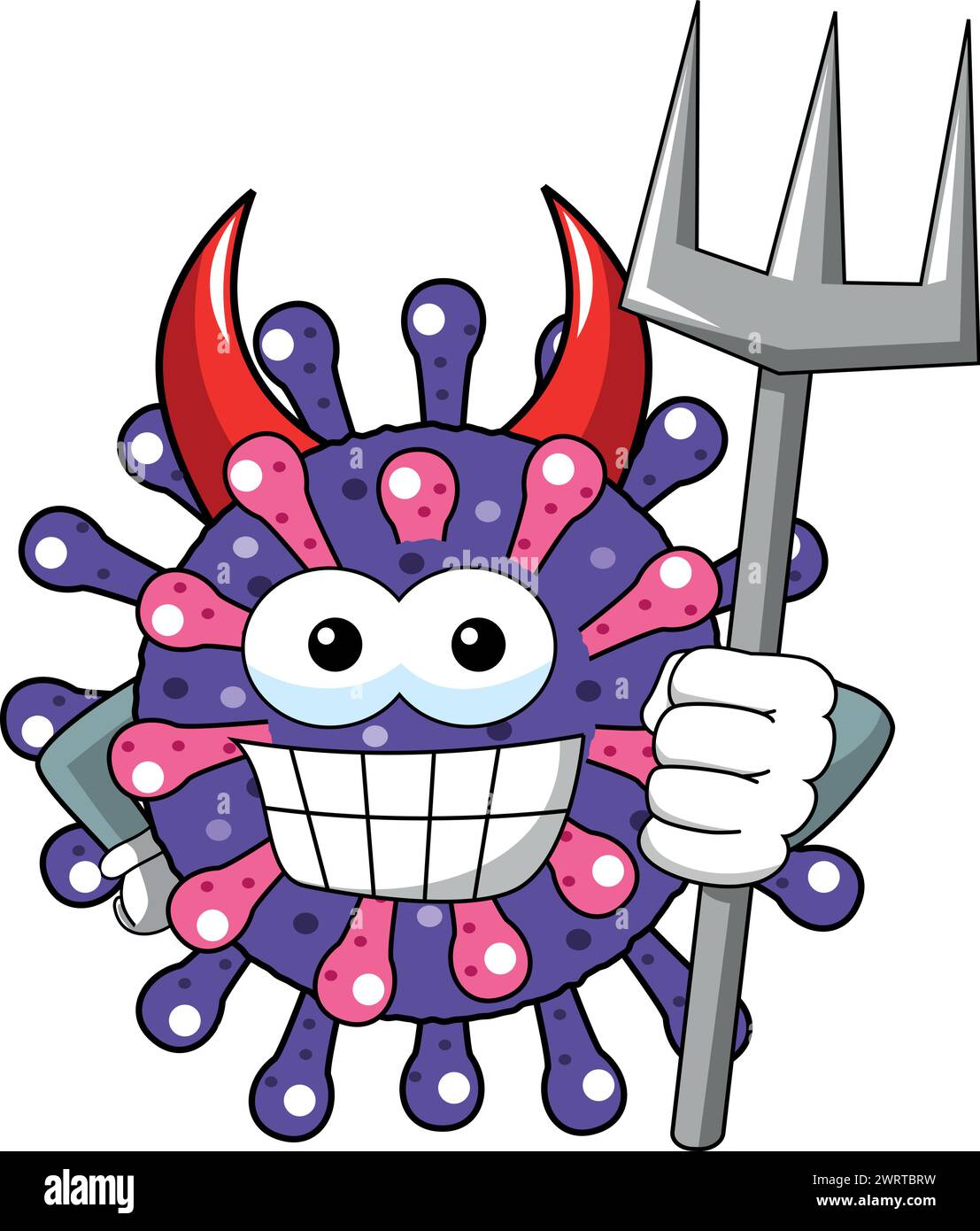 Cartoon mascot character virus or bacterium devil hlding trident weapon ...