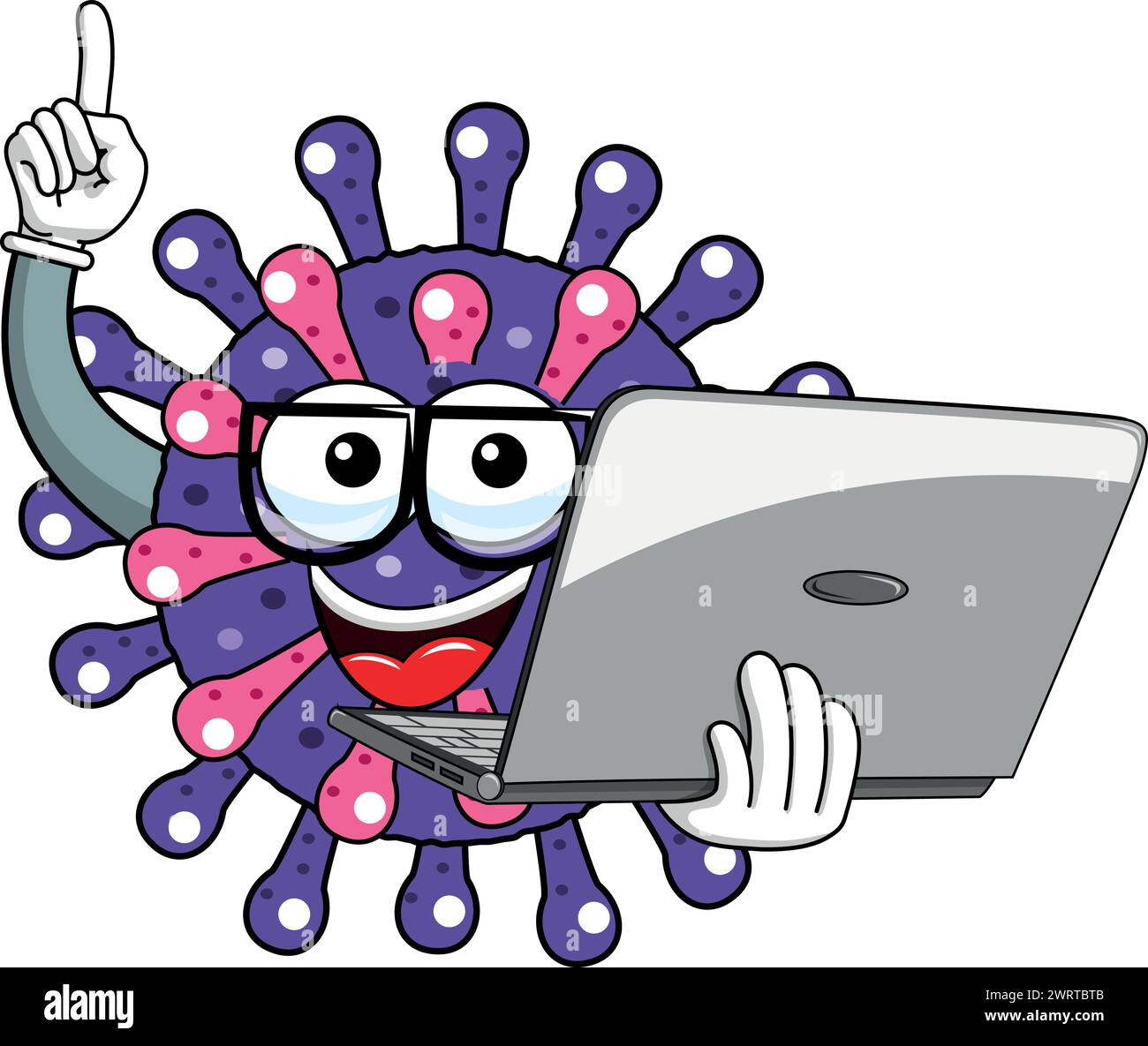 Cartoon mascot character virus or bacterium holding laptop or notebook ...