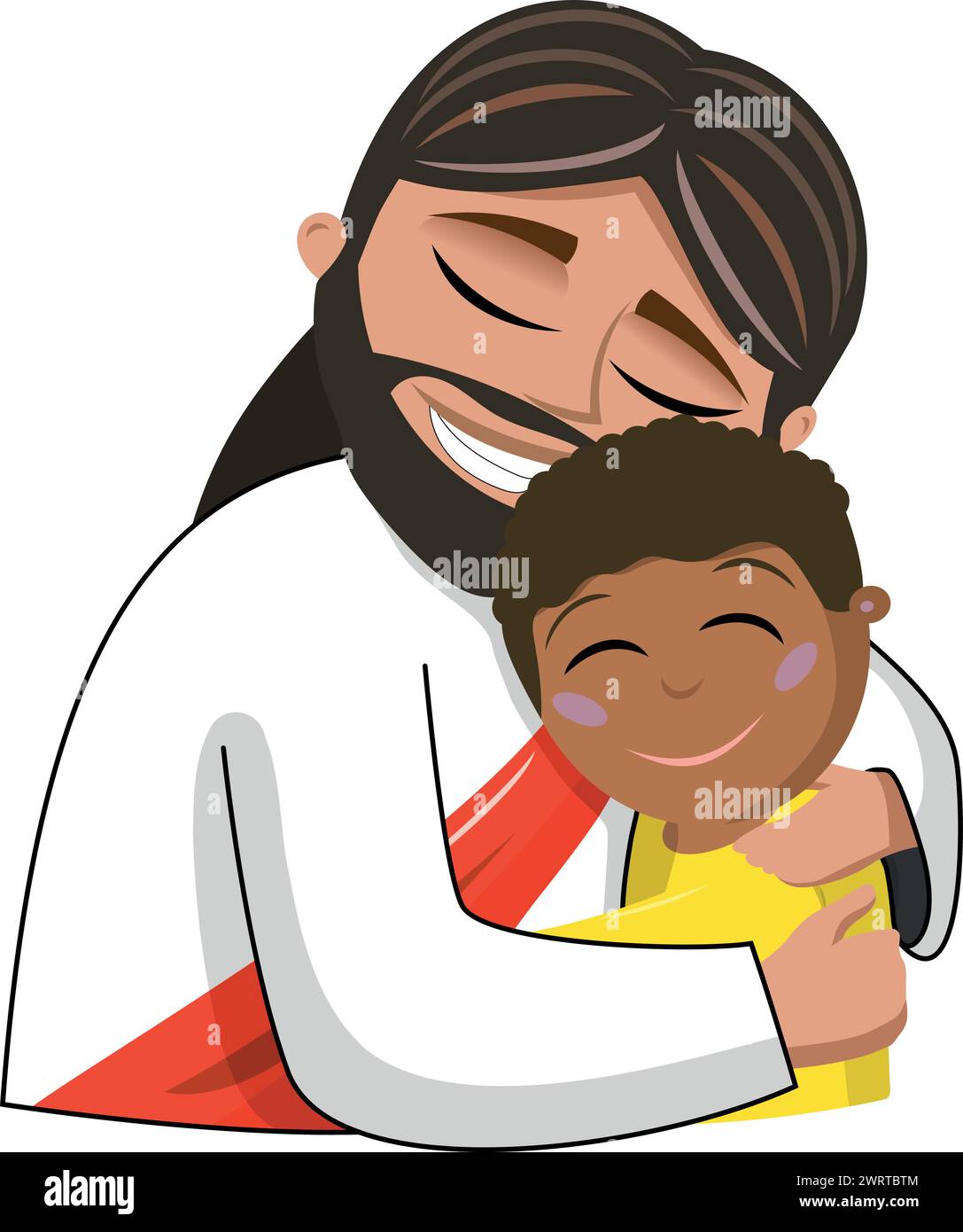 Jesus cartoon gives hug to a child or kid isolated vector illustration ...