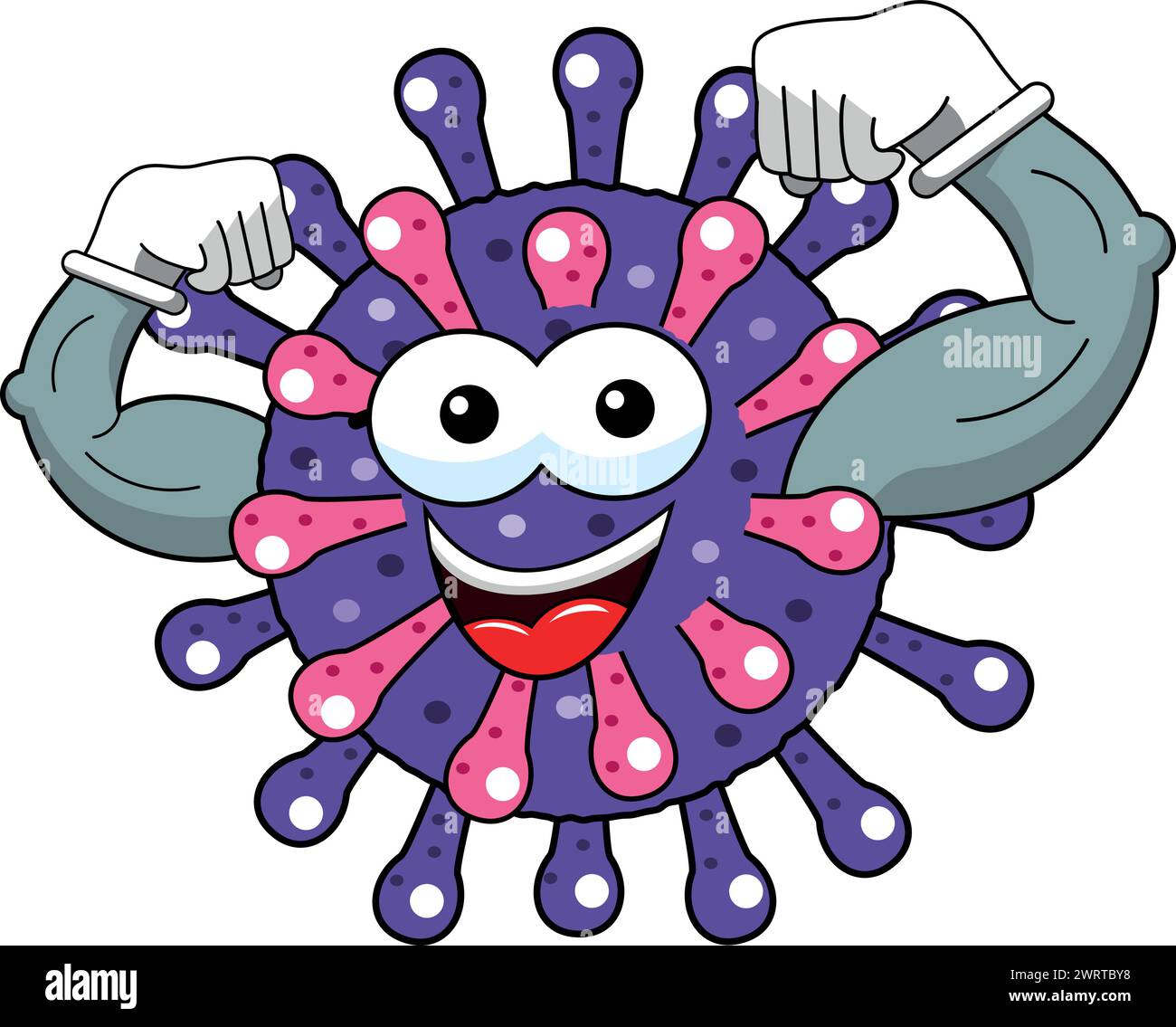 Cartoon mascot character virus or bacterium showing muscles biceps ...