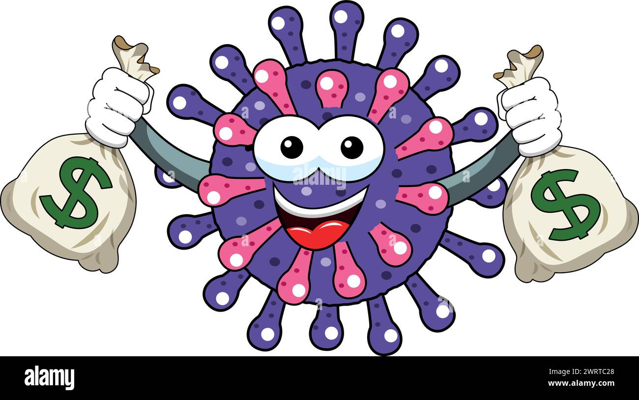 Cartoon mascot character virus or bacterium holding sack of money ...