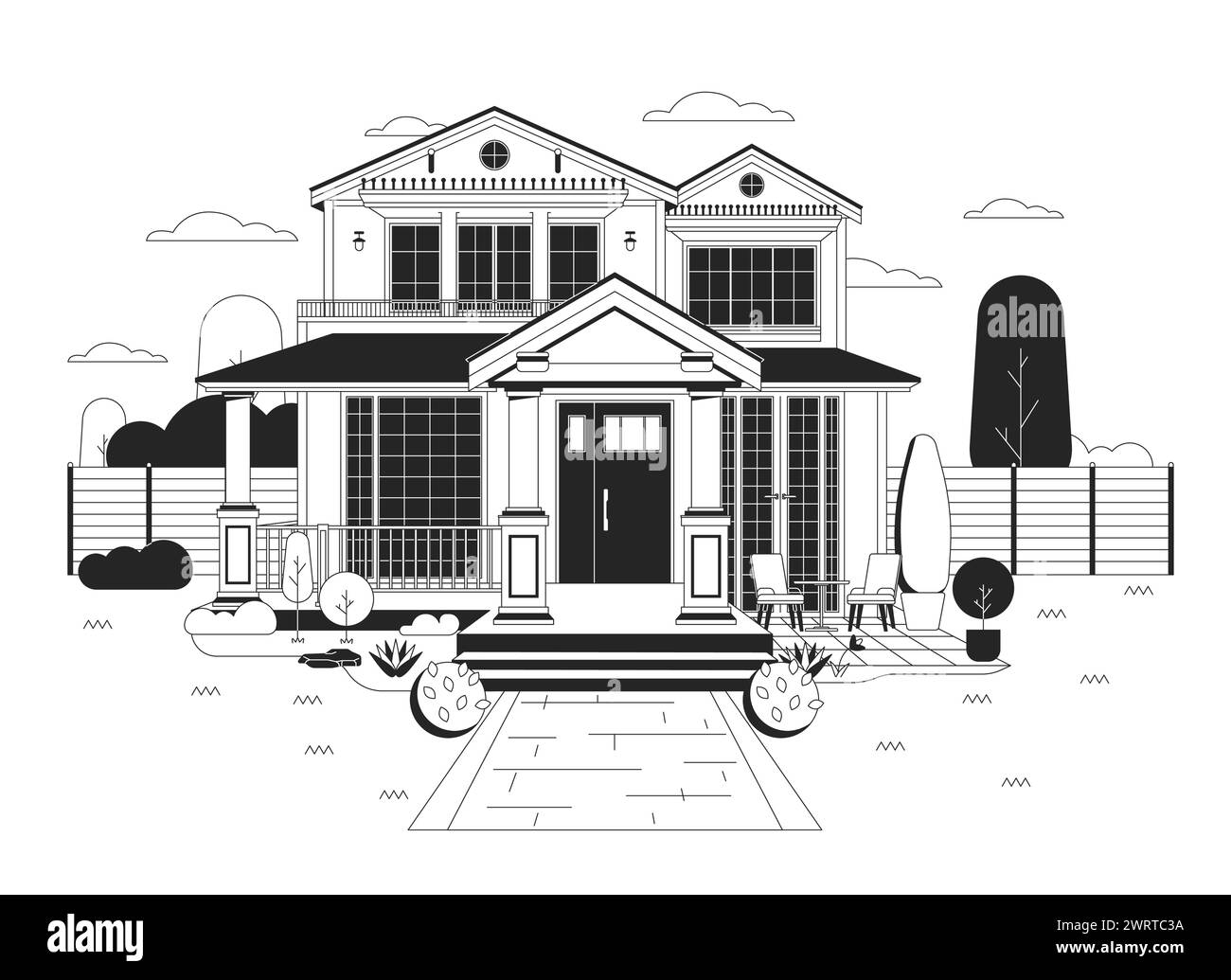 Suburban home front yard black and white cartoon flat illustration ...