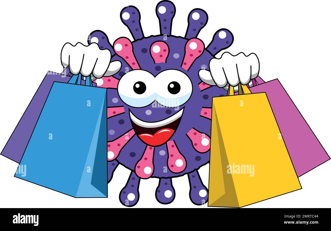Cartoon mascot character virus or bacterium holding shopping bags ...