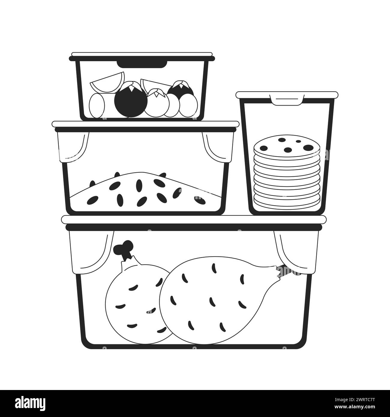 Meal prep containers plastic black and white 2D line cartoon object ...
