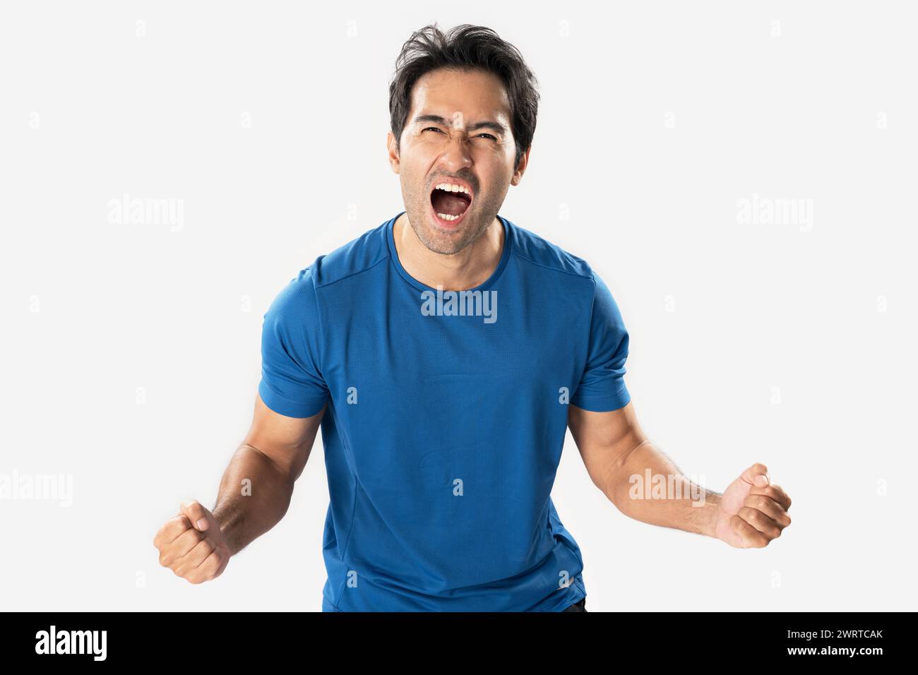 Happy male rejoicing at success on white background Stock Photo - Alamy