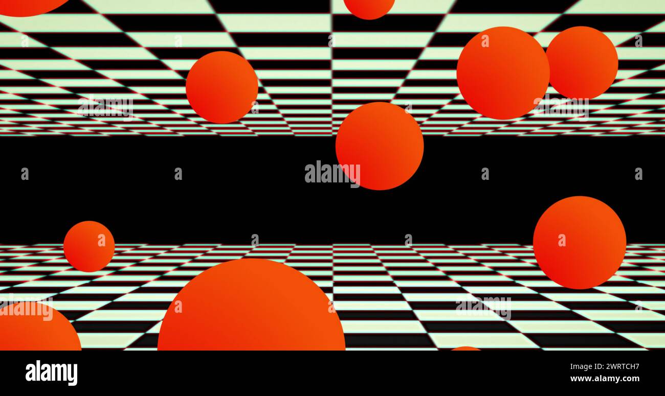 Floating red spheres with moving checkerboard squares above and below ...