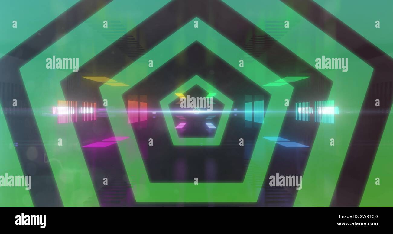 Green hexagons over colourful glowing blocks moving on black background ...