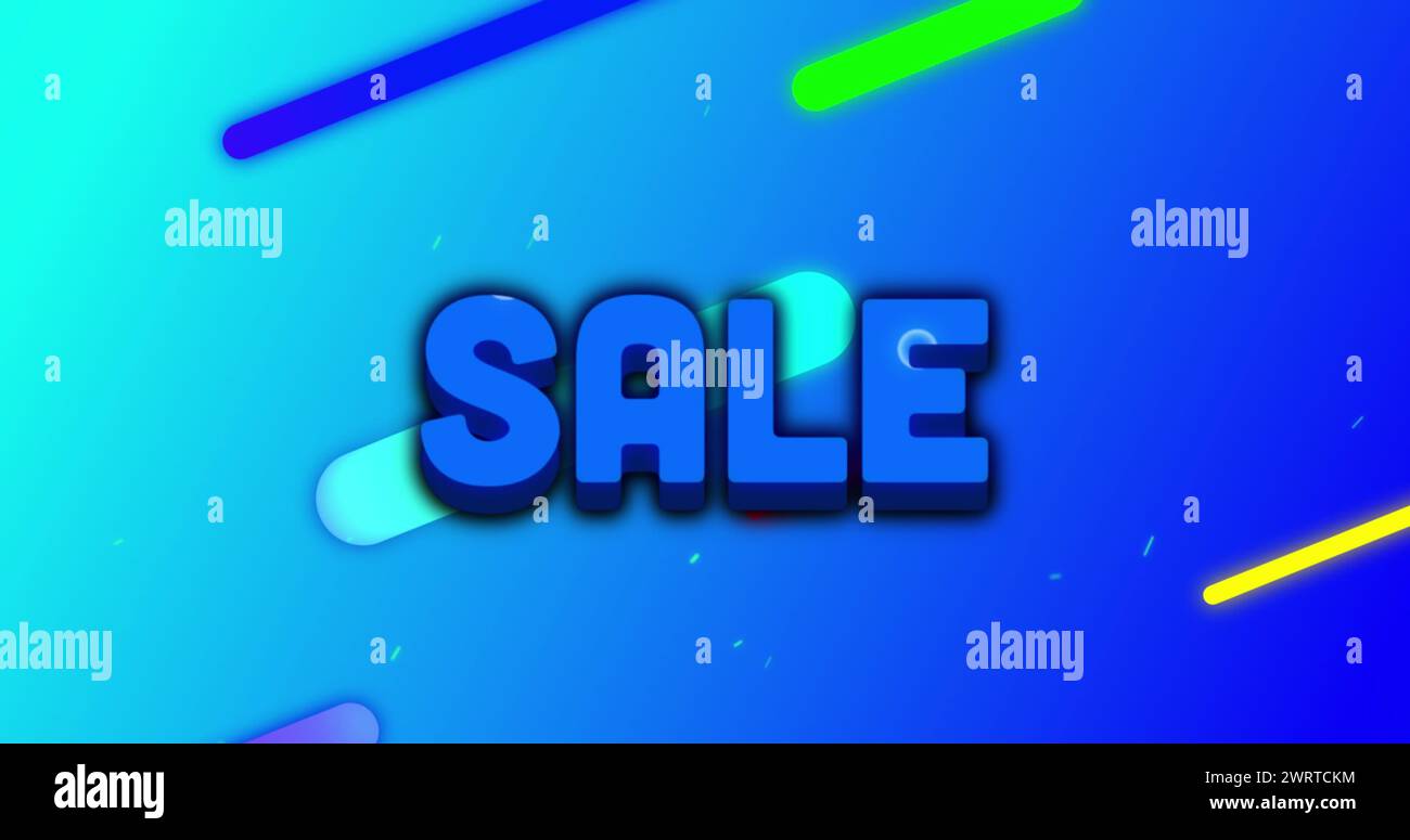 Sale written in blue with colourful shapes moving across blue ...
