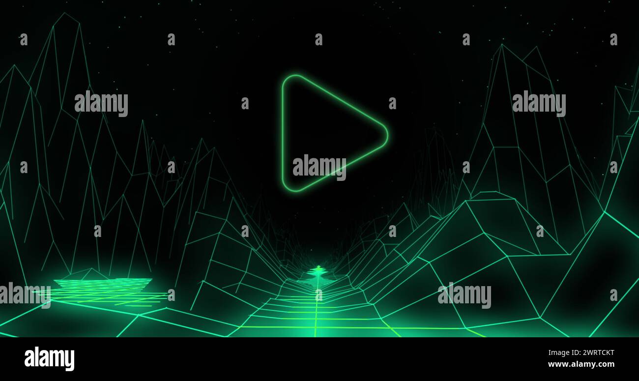 Green triangle outline play button on black background with green grid ...