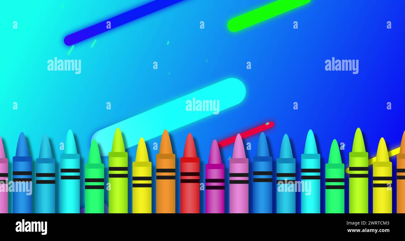 Colourful shapes moving diagonally on a blue background with a row of ...