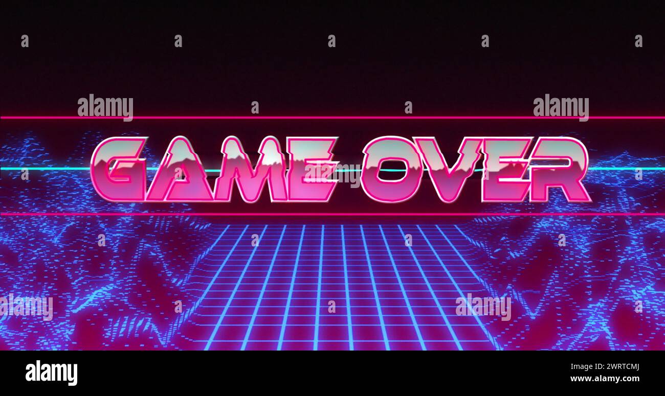 Game over written in pink metallic on black background with blue ...
