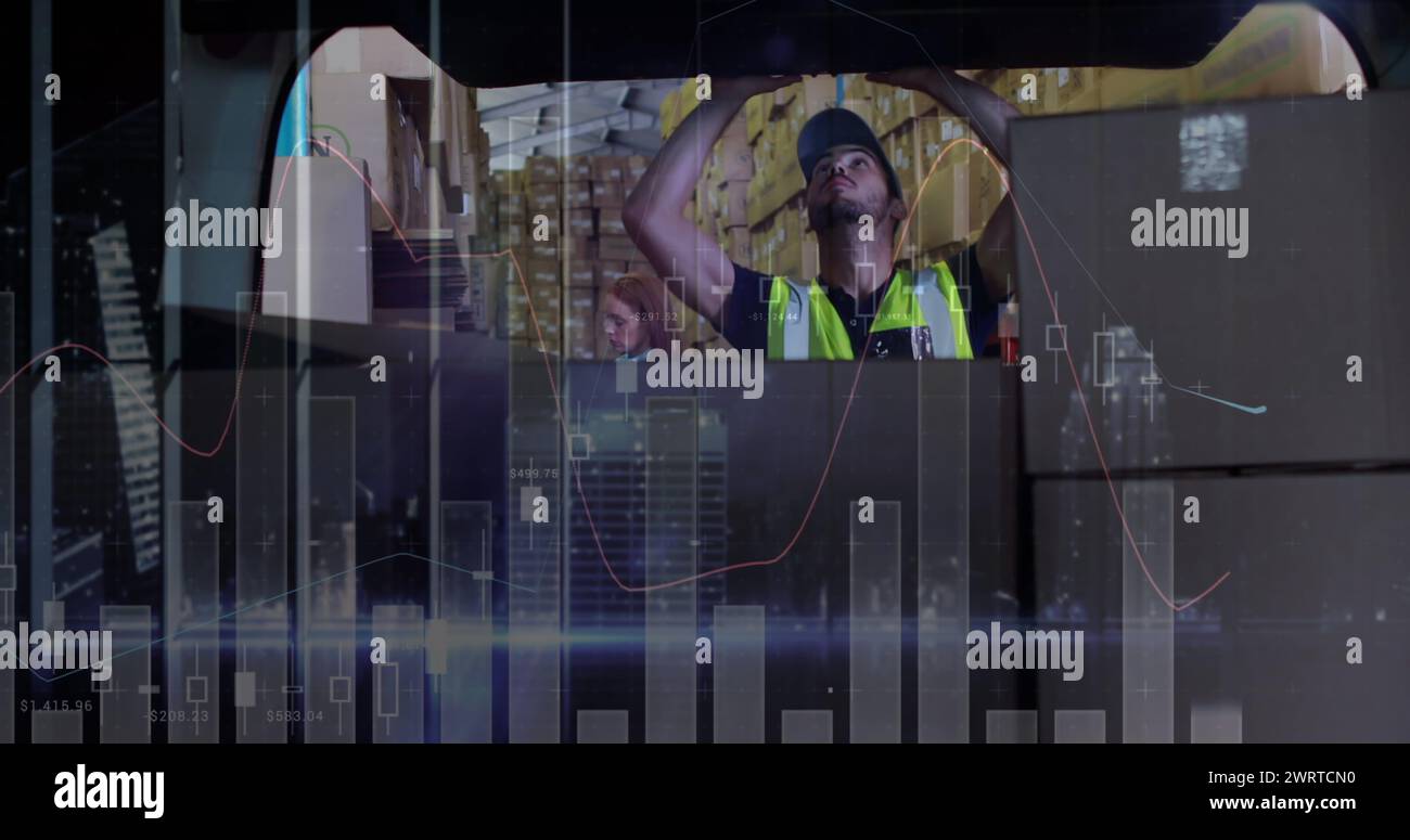 Image of statistics and financial data processing over delivery man and van Stock Photo - Alamy