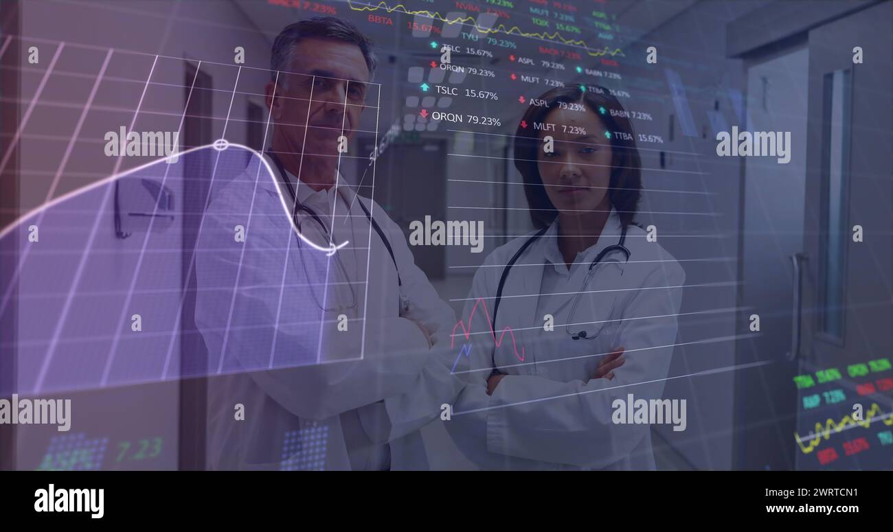 Image of financial data over diverse female and male doctors Stock ...