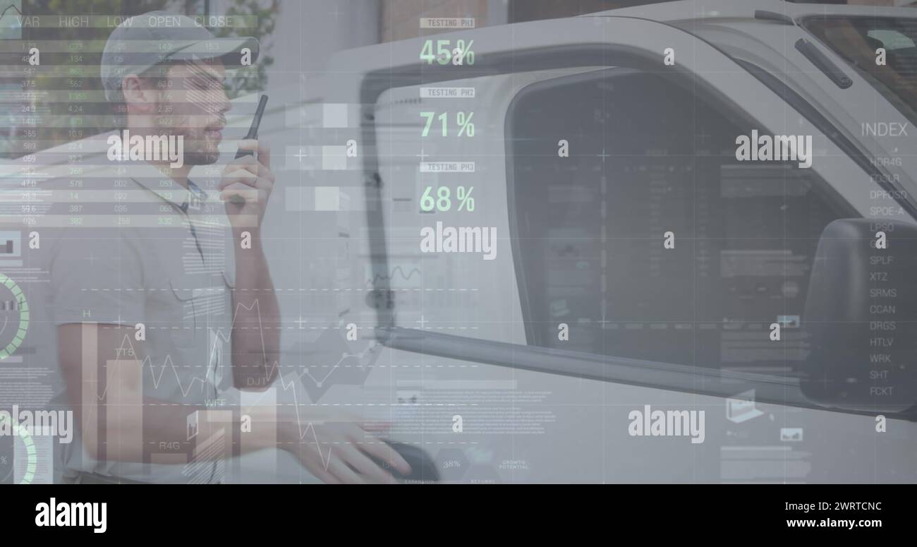 Image of statistics and financial data processing over delivery man and van Stock Photo - Alamy
