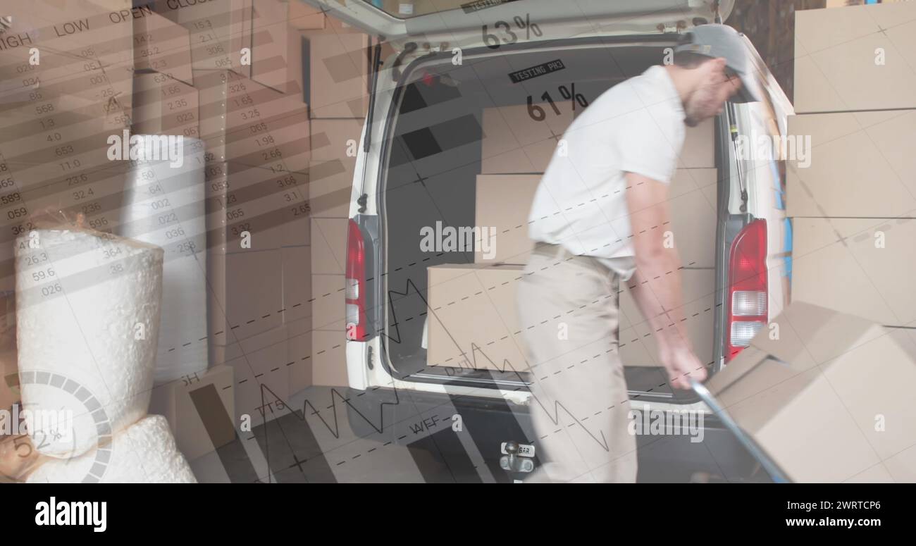 Statistical data processing against caucasian delivery man stacking ...