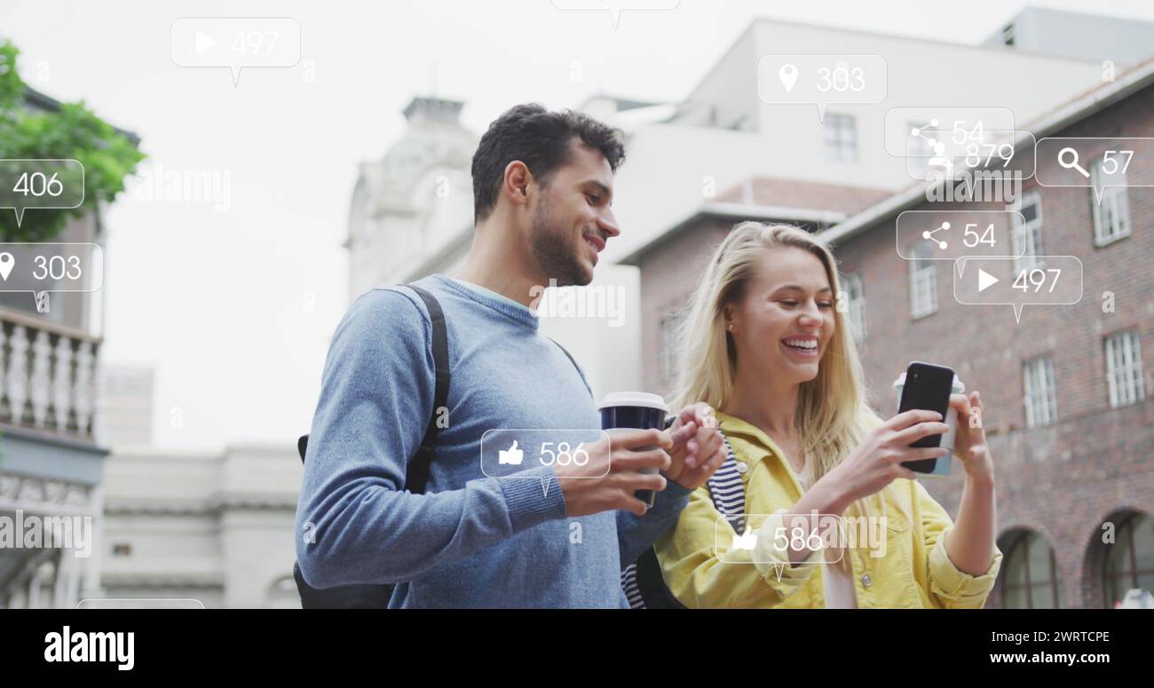 Image of social media icons floating over happy caucasian couple drinking takeaway coffee Stock ...