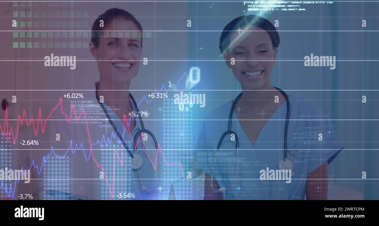 Image of financial data over happy diverse female doctors talking Stock ...